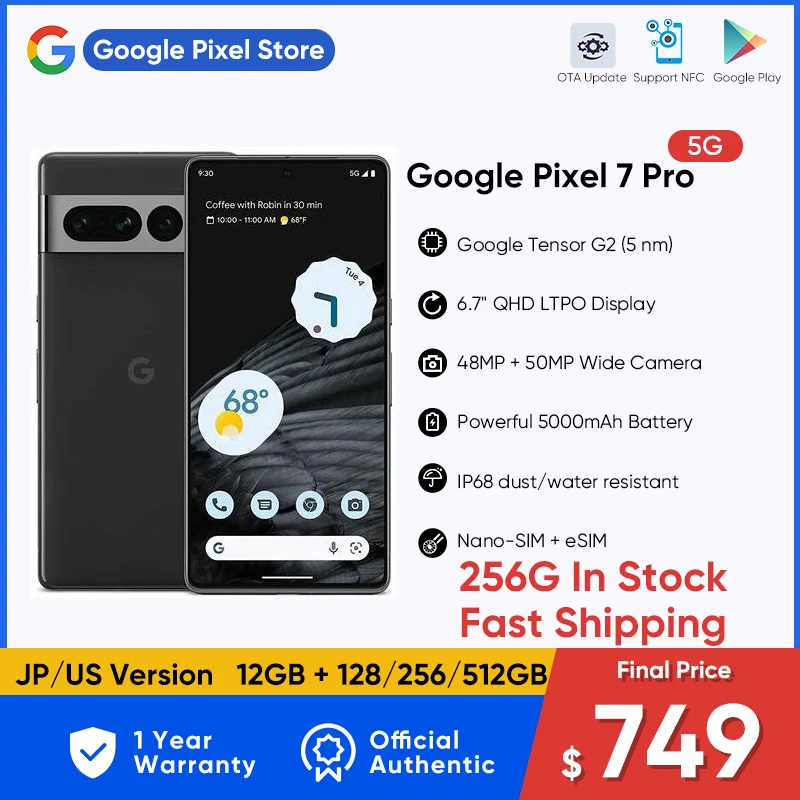 Google Smartphone Pixel 7 Pro 5G, pantalla QHD de 6,7 pulgadas, 12GB de ...