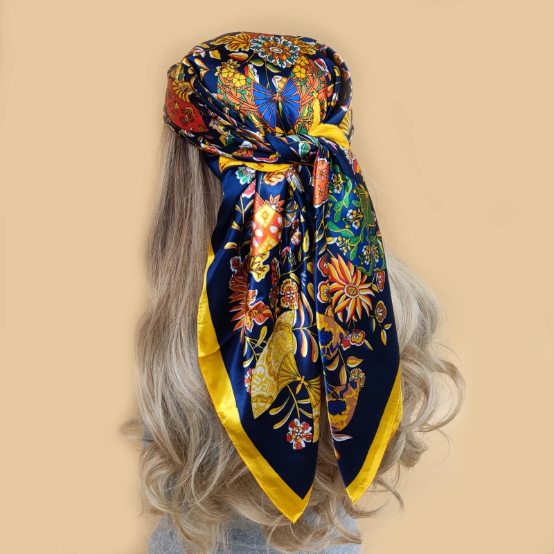 90x90cm 히잡 스카프 여성 패션 프린트 실크 새틴 여성 럭셔리 브랜드 스퀘어 숄 헤드 숙녀 랩 반다나 머플러 파 레오