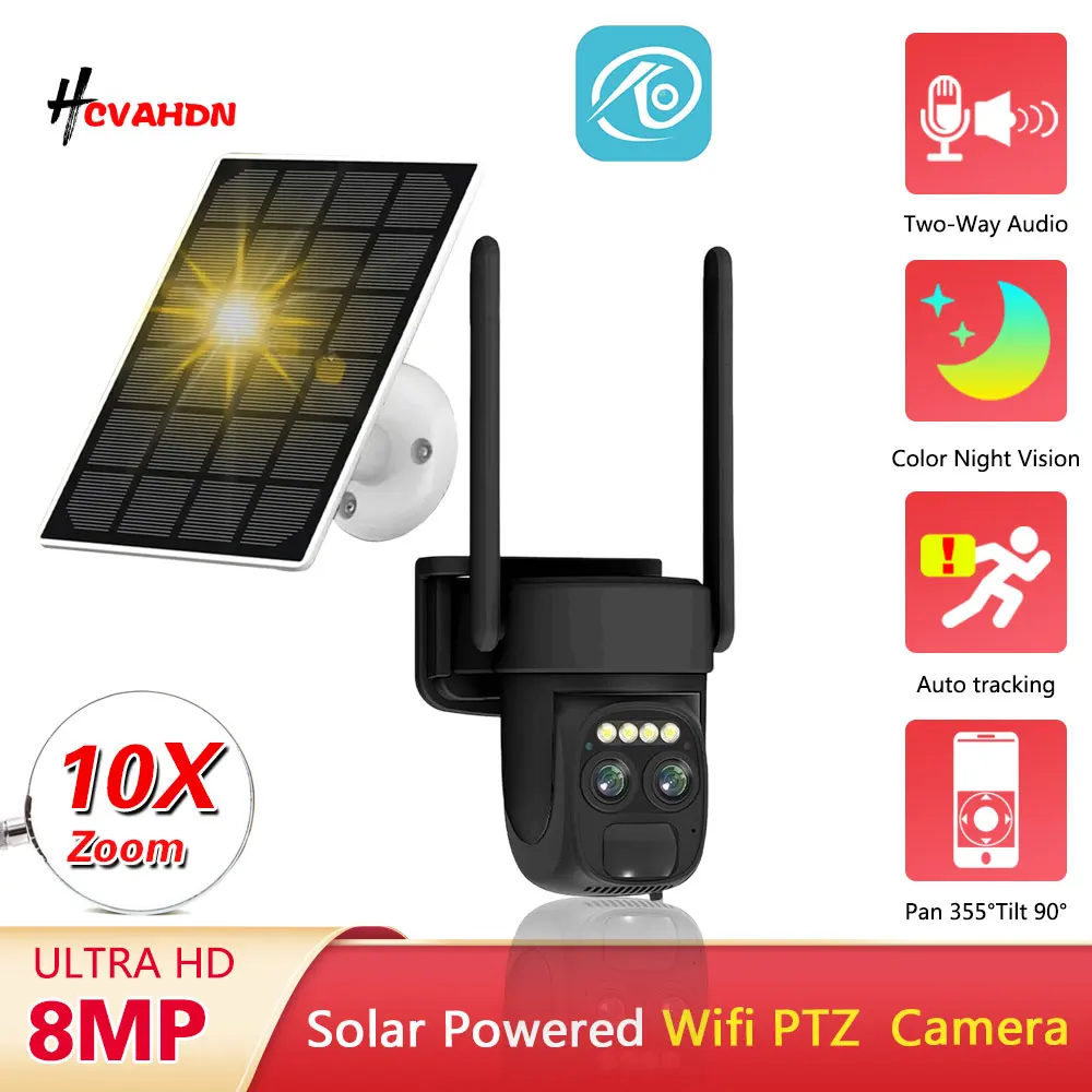 Cámara inalámbrica Solar PTZ con doble lente, Zoom 10X, 4K, 8MP, doble ...