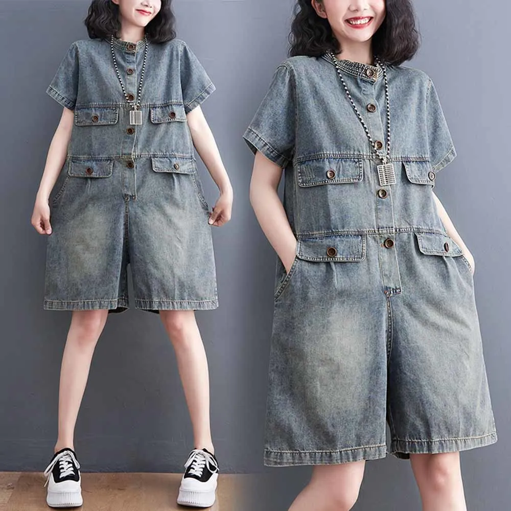 Summer Denim Overalls Short Sleeve Jumpsuit Women Vintage Streetwear ...