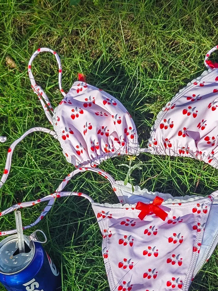 Sexy Swimsuit Triangle Bikinis Cherry Print Bikini Set Female Swimwear ...