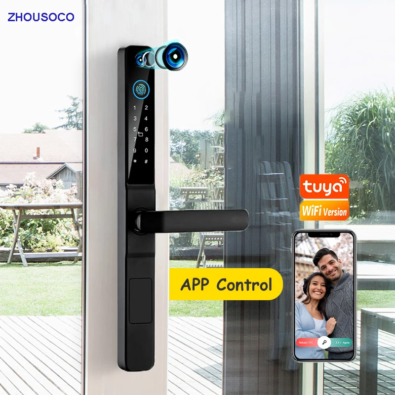 Tuya WiFi Waterproof Peephole Outdoor Aluminum Sliding Door Lock Fingerprint APP Password RFID ...