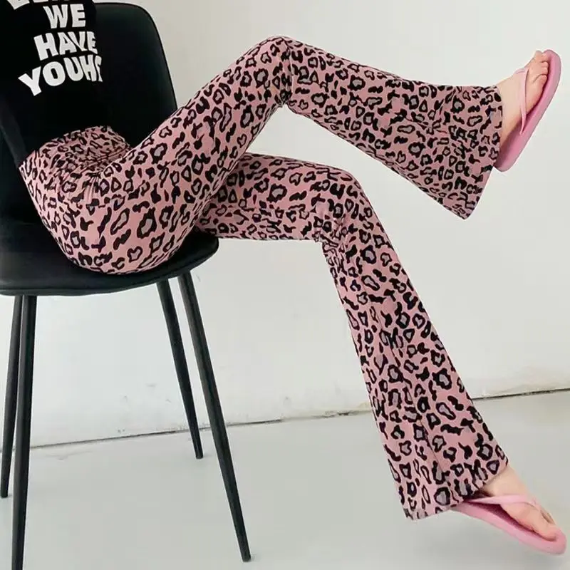 Summer women's leopard print flared pants pink yoga pants high waisted ...