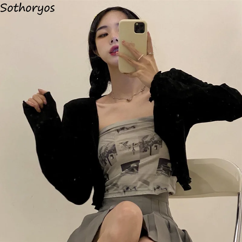 여성용 짧은 스타일 얇은 니트 스웨터 상의 프레피 학생 캐주얼 올 매치 슬림 오픈 스티치 점퍼 한국 스타일 인기가디건