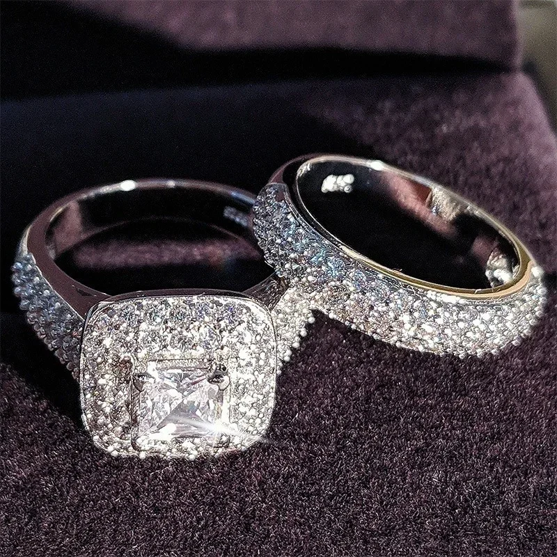 Couple-Princess-Square-Diamond-Set-Ring-European-and-American-Fashion ...