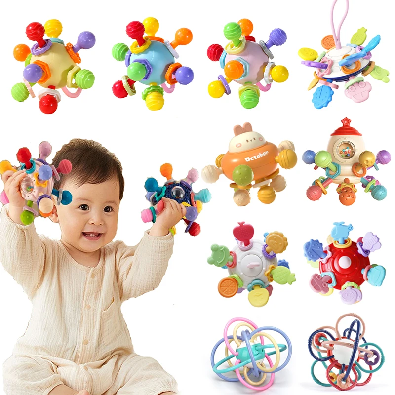Montessori Baby Toys 0 12 Months Rotating Rattle Silicone Teething Toys ...
