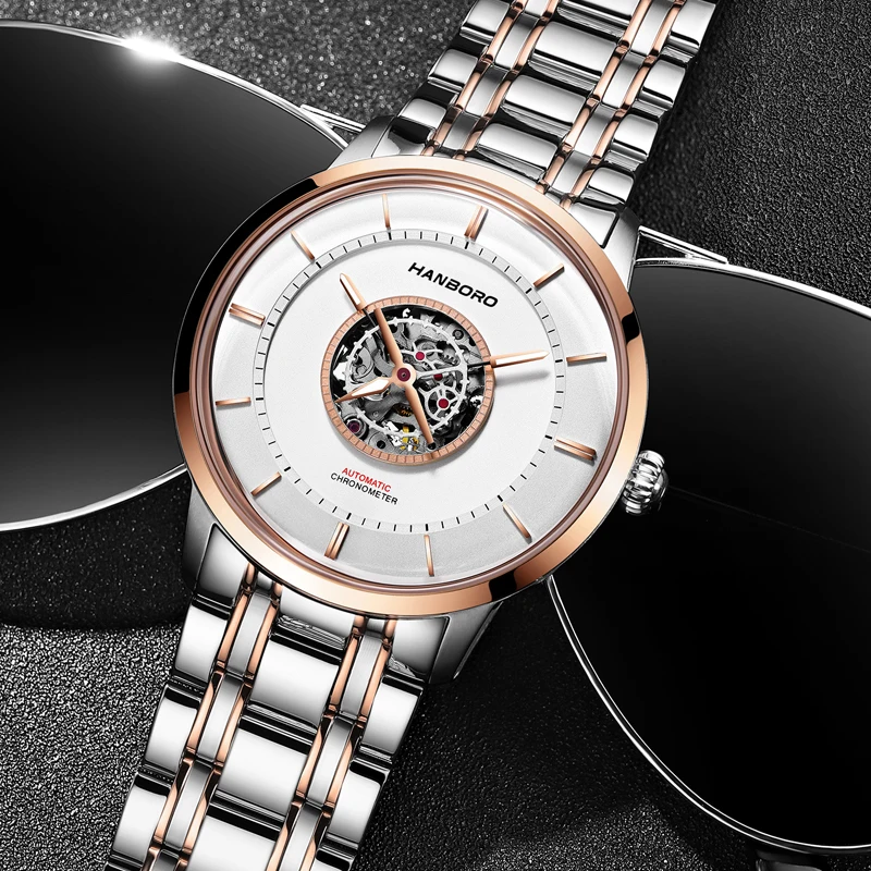 HANBORO men's ultra-thin hollow out fully automatic mechanical watch ...