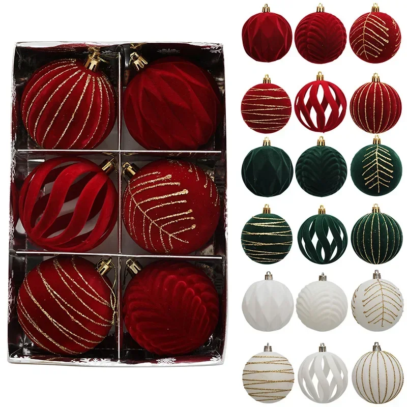 6pcs 8cm Christmas Ball Ornaments Wine Red Green Flocking Christmas ...