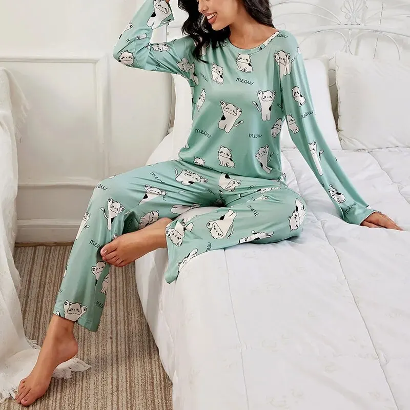 Women-Cute-Cartoon-Print-Pajama-Sets-Winter-Pijama-Long-Sleeve-Tops-Pj ...