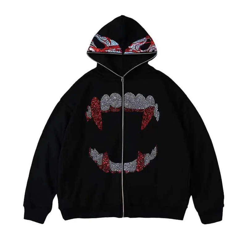 Autumn Fashion Punk Y2k Gothic Grunge Rhinestones Teeth Zip Up Hoodies Long Sleeve Coat ...