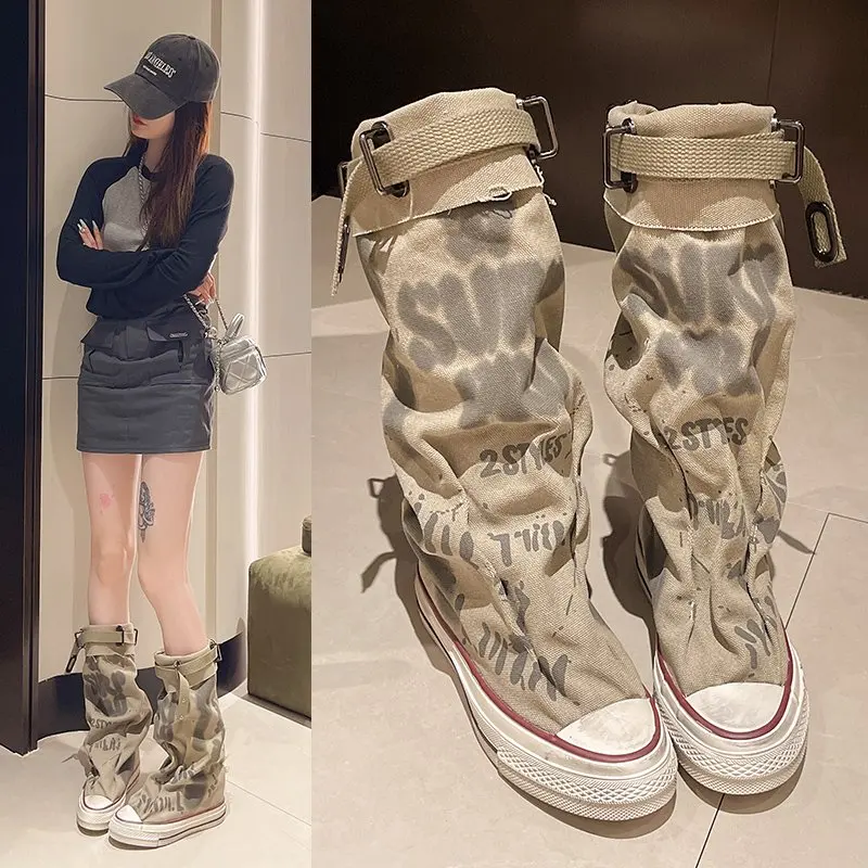 Graffiti-High-Top-Canvas-Shoes-Women-s-Spring-Boots-Wide-Barrel-Mid ...