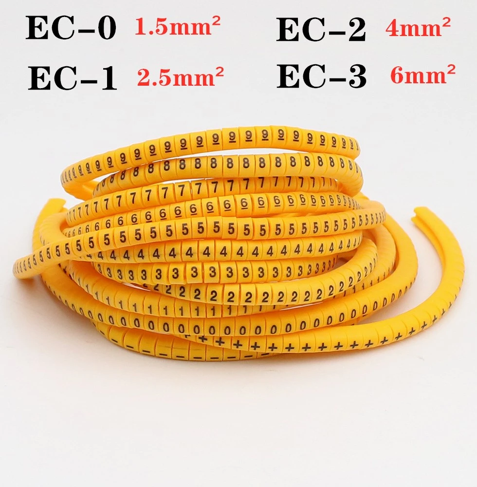 Ec-0,ec-1,ec-2,ec-3 600pcs (each50pcs ) Yellow Cable Markers Letter 6sq.mm 0 To 9 + - X For Wire ...