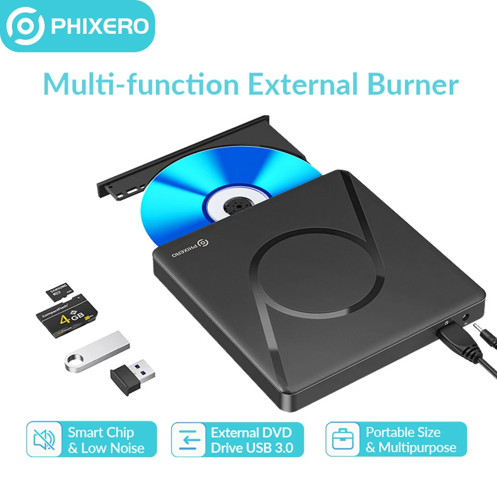 PHIXERO External Blu Ray Burner Drive USB3.0 External Blu Ray DVD 3D Slim Optical Drive Blu Ray ...