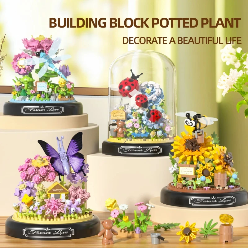 Insect-Flower-Building-Blocks-Set-Bee-Butterfly-Plant-Potted-Model ...