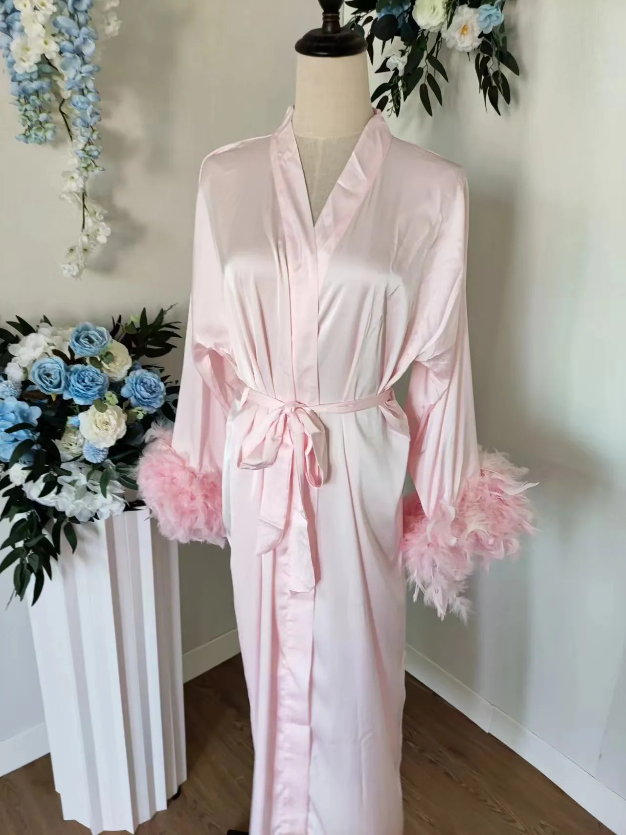 Pink Feather Trim Robes Satin Feather Bridal Party Pink Boudoir ...