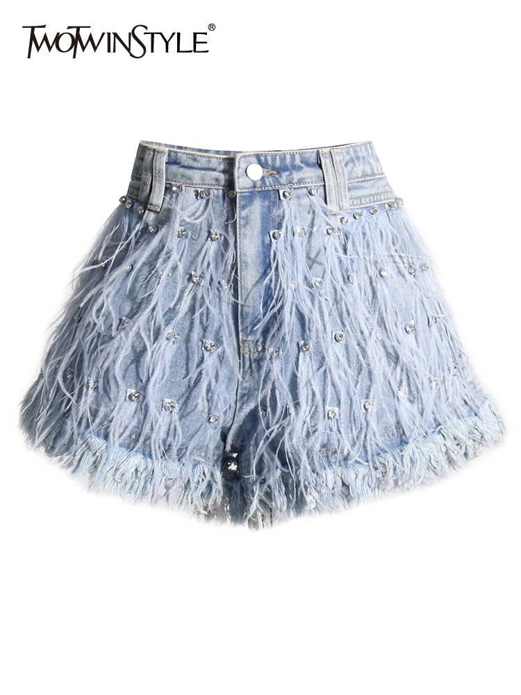 TWOTWINSTYLE-Patchwork-Diamonds-Designer-Denim-Shorts-For-Women-High ...