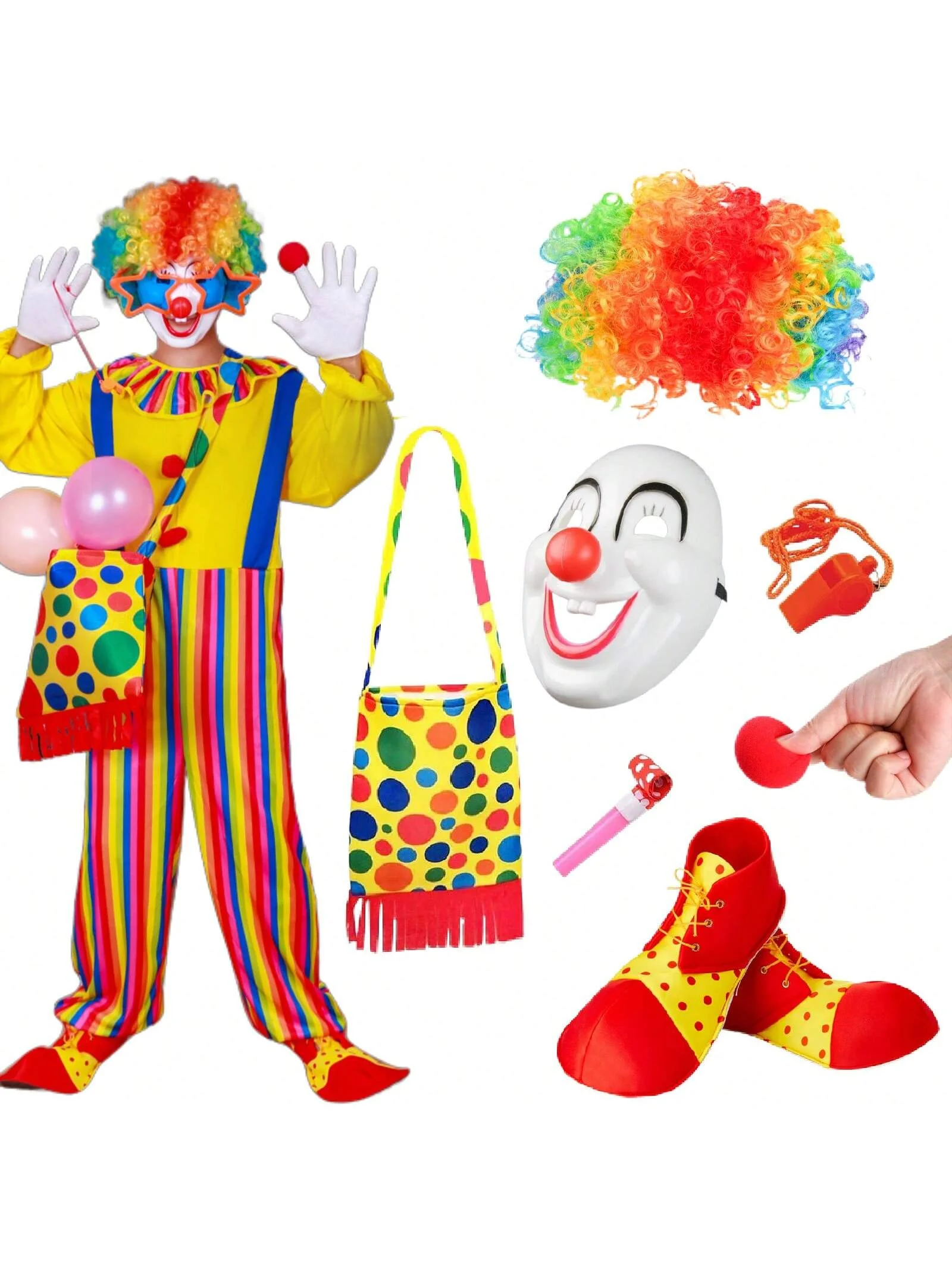 8pcs-Adult-Clown-Suit-Costume-Set-including-clothing-Wig-Nose-Mask ...