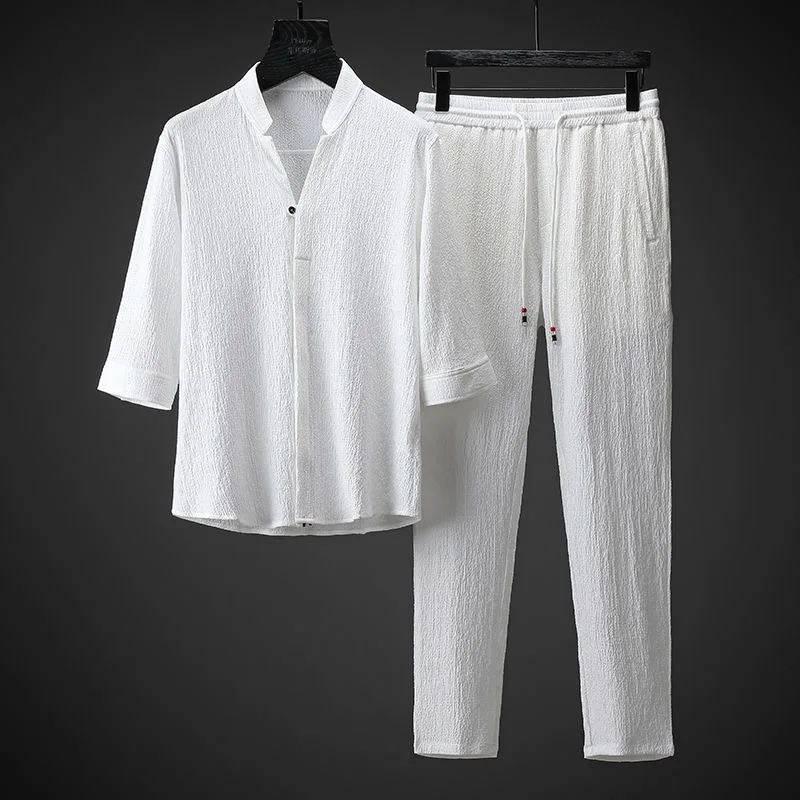 Conjunto-de-linho-de-algod-o-monocrom-tico-masculino-confort-vel-respir ...