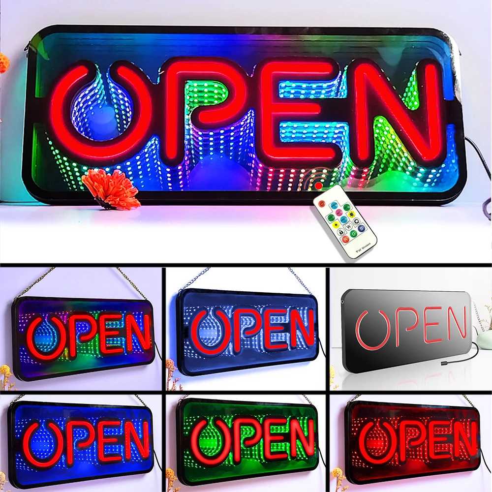 48x20cm LED Open Sign Ultra Bright 3D RGB Infinity Tunnel Mirror with ...