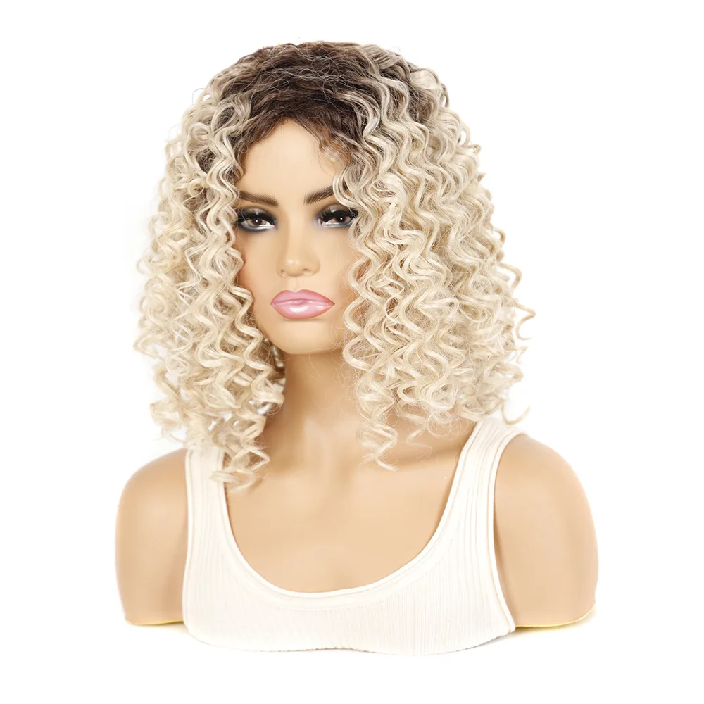 Zolin Kinky Curly Loose Deep Afro Short Wig | Dark Brown Blonde Ombre ...