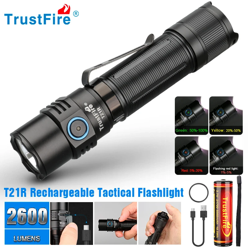 Trustfire t21r tático lanterna led 2600 lumen tipo c recarregável 21700 bateria poderosa ...