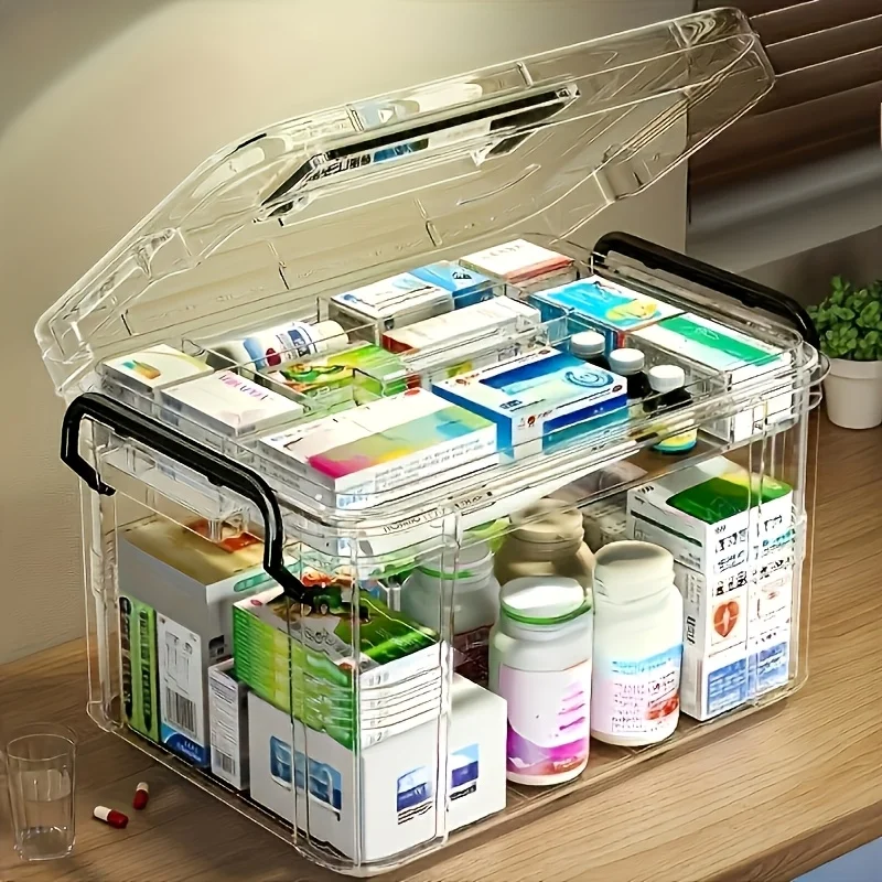 Durable Double-Layer Transparent Medicine Storage Box with Handle ...