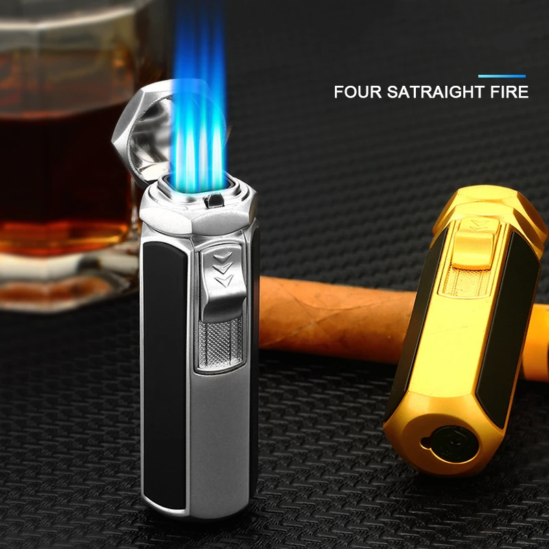Windproof-Four-Straight-Flame-Cigar-Gas-Lighters-Jet-Metal-Powerful ...