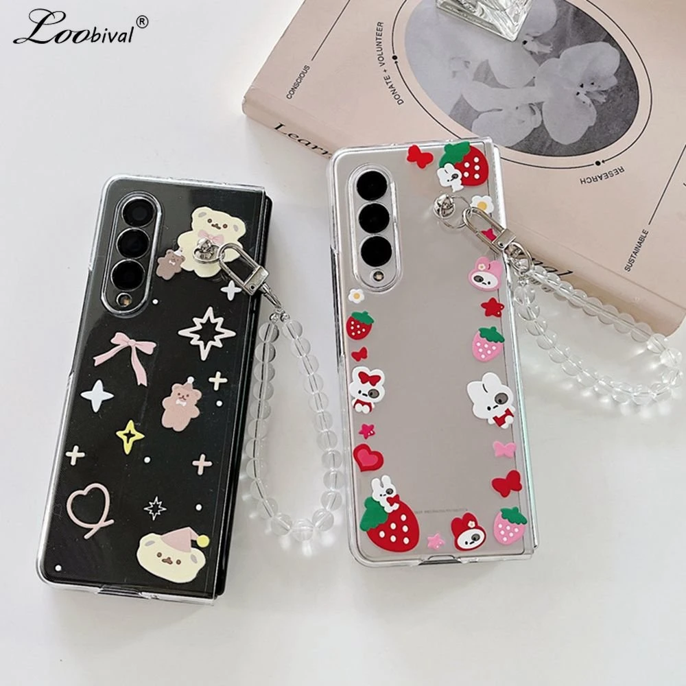 For Samsung Galaxy Z Fold 4 3 Cute Cartoon Bear Wrist Strap Case For ...