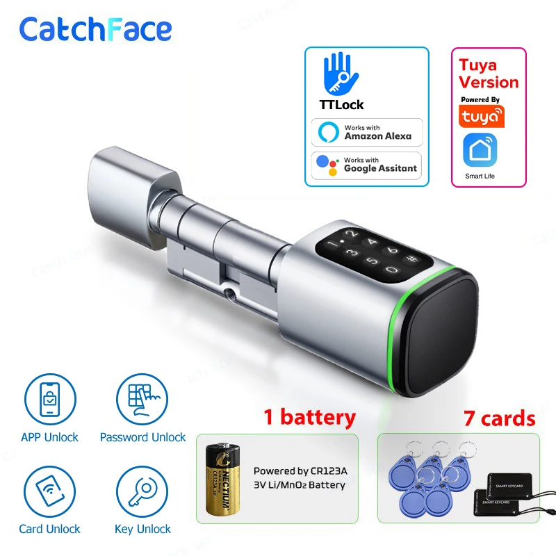 Euro Tuya or TTLock APP Password RFID Card DIY Cylinder Lock Biometric Electronic Smart Door ...