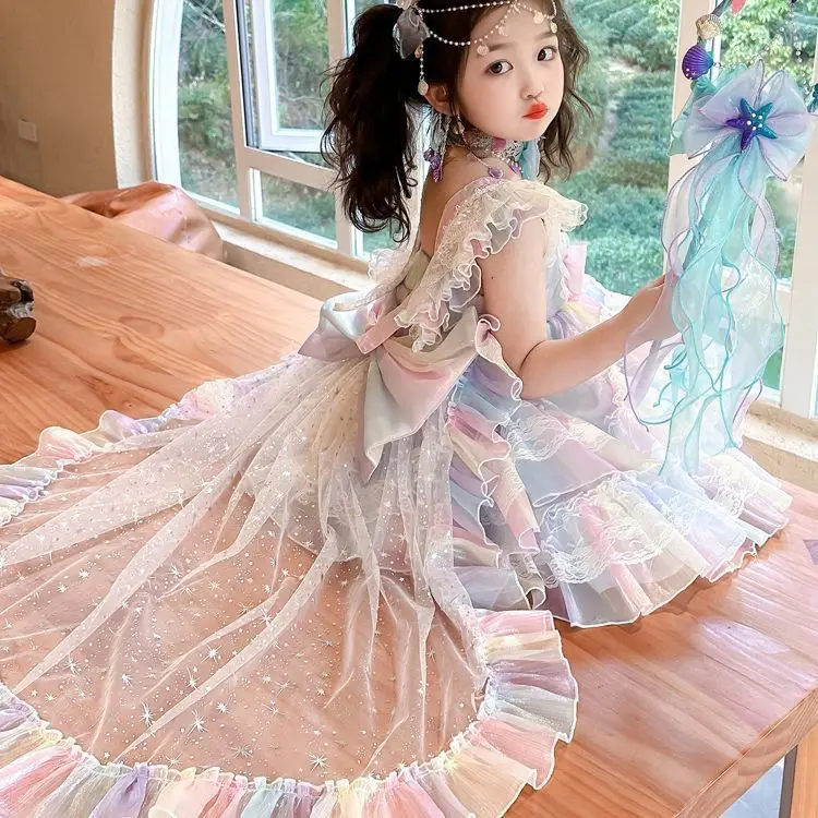 Summer Backless Lolita Ball Gown Dress Girls Kids Sets Princess Shiny ...