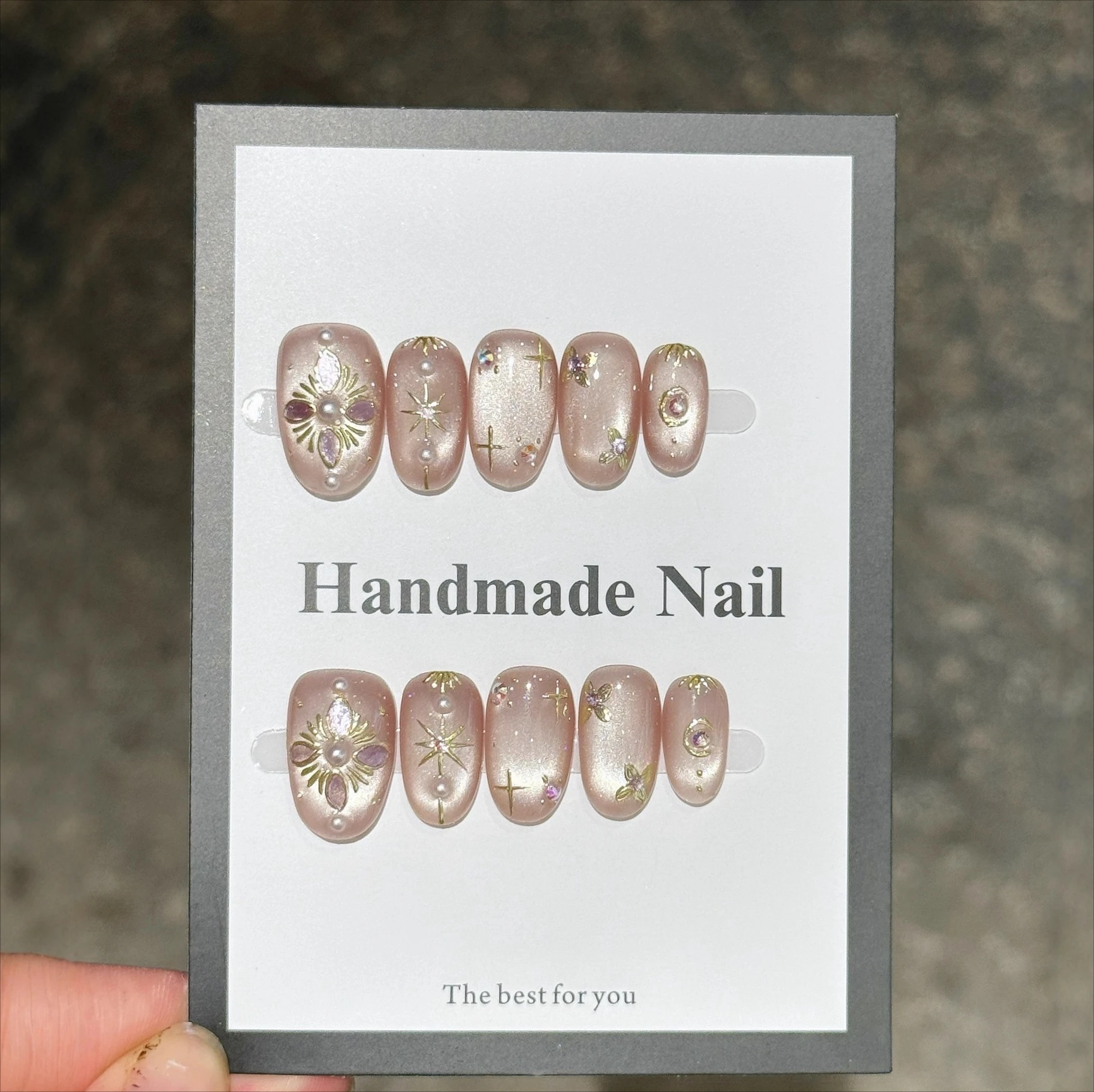 10pcs Glossy Cat Eye Press on Nails Nude Pink False Nails Hand Drawn ...