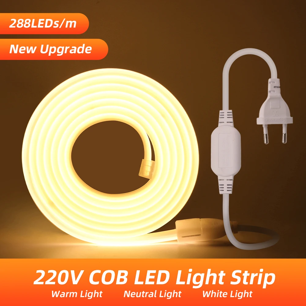 Silicone Neon Tube COB LED Strip AC 220V 288Leds/m Soft COB Light Bar ...