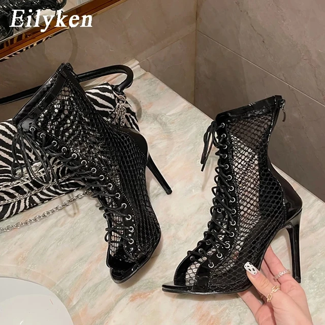 Eilyken Fashion Design Mesh High Heel Women Boots Sandals Sexy Peep Toe T-tied Stripper Pole ...