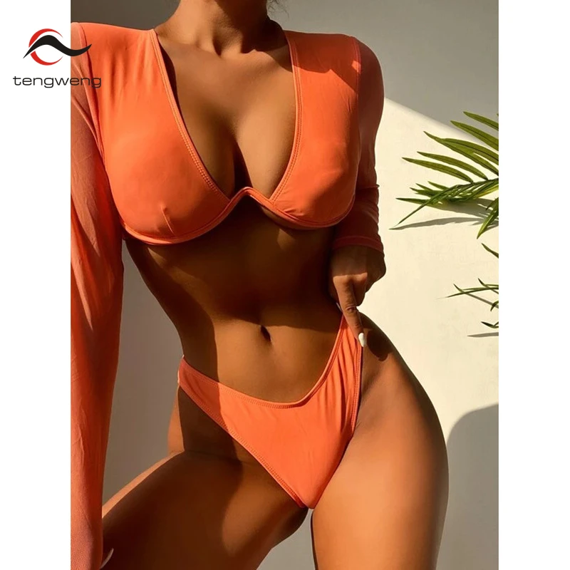 Orange Swimsuit Women Long Sleeve Bikini Set 2023 New Solid Underwire