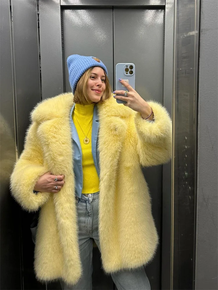 Luxury Faux Fur Women's Coat Turn down Collar Long Sleeve Button Pocket ...