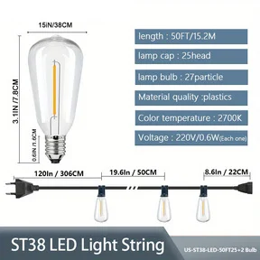 15M Outdoor Waterproof Light String ST38 LED Courtyard Deck Dirthday ...