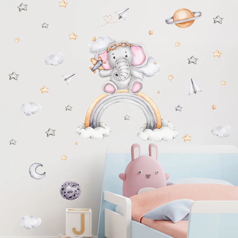 Pvc การ์ตูน Space Elephant Rainbow Star Good Night Decor โปสเตอร์ ...