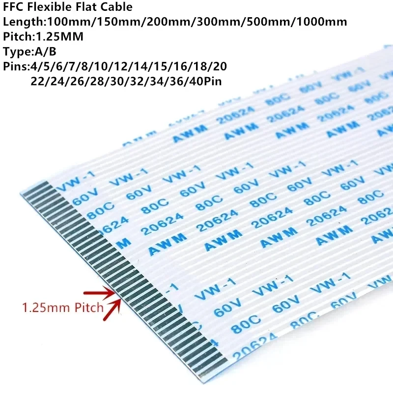 500mm-800-1000mm-FPC-FFC-Flexible-Flat-Cable-1-25mm-Pitch-AWM-20624-80C ...
