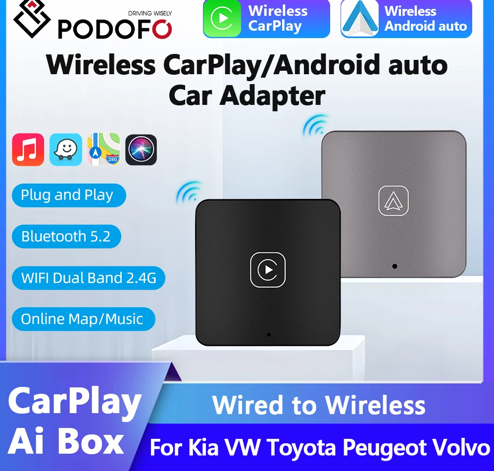 Podofo Auto Sem Fio Carplay AI Box, Forte WiFi, Bluetooth, Assistente ...