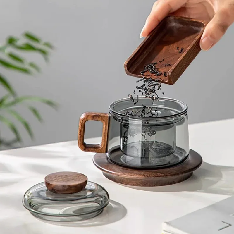 Wooden-handle-with-lid-glass-tea-cup-with-filter-cup-water-divider-heat ...