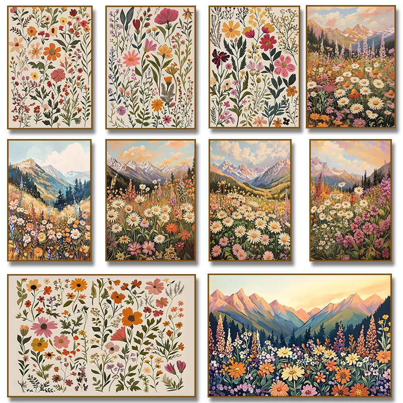 Abstract Colorful Floral Mountain Wildflower Landscape Flower Field ...