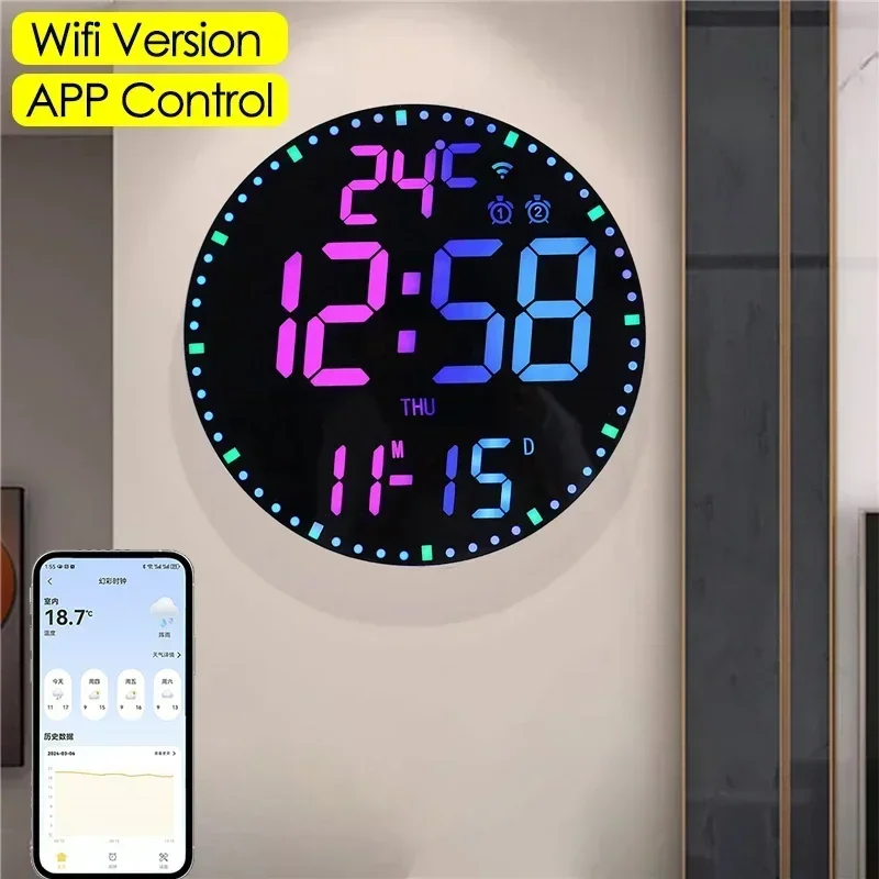 RGB-LED-Digital-Wall-Clocks-Intelligent-Wifi-App-Control-Temperature ...