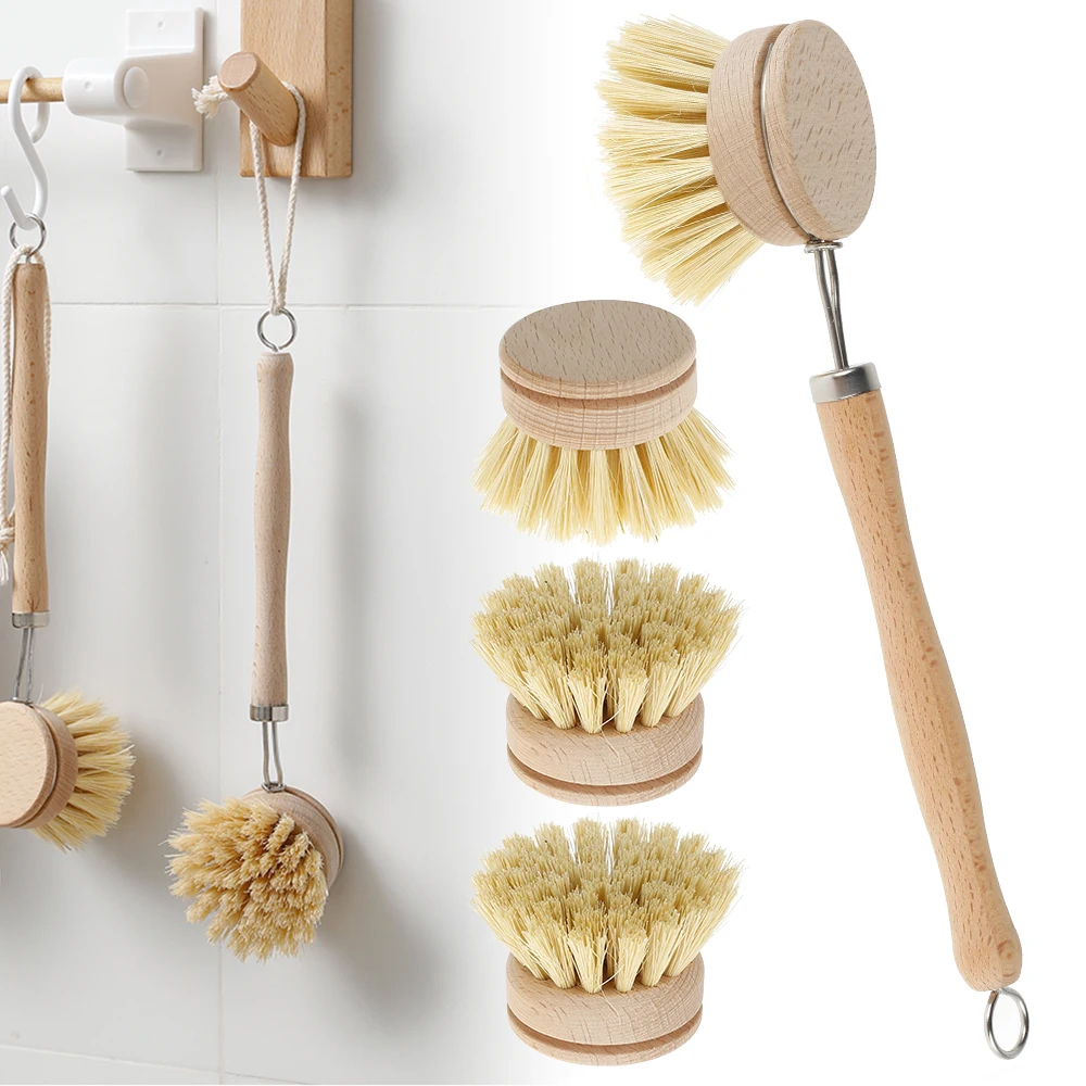 Wooden-Kitchen-Dish-Brush-Set-Long-Handle-Pan-Brush-with-4-Replacement ...