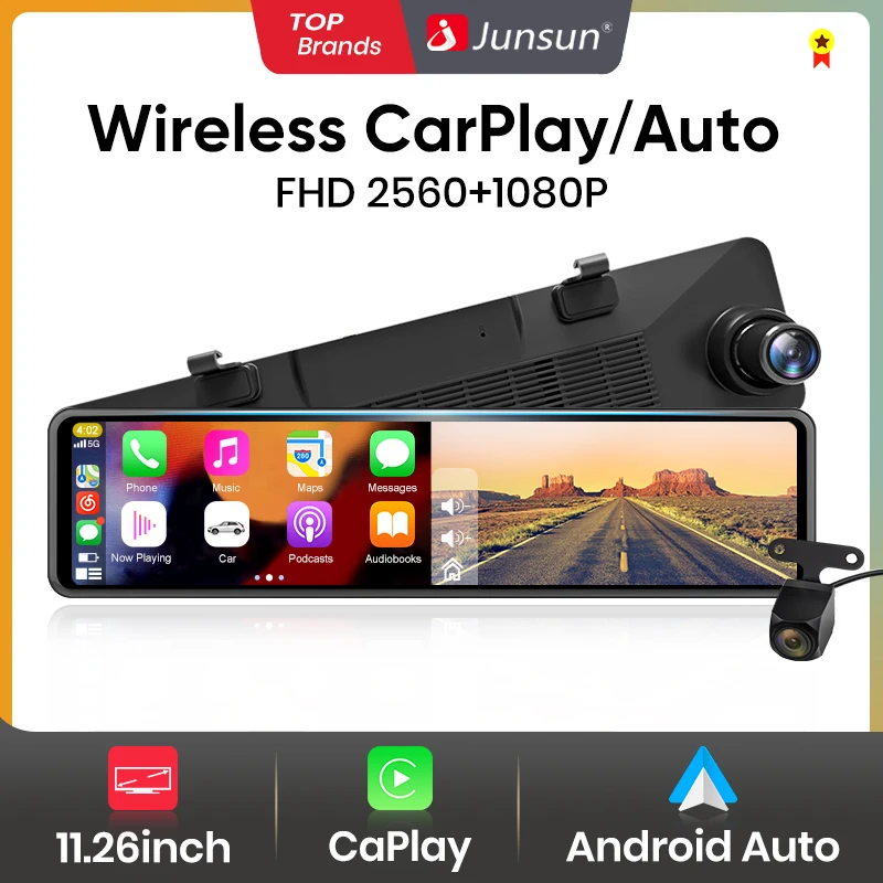 Junsun-Wireless-CarPlay-Android-Auto-Rear-View-Mirror-Dual-Screen-Car ...