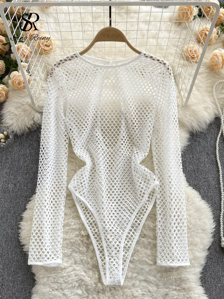 Singreiny Sexy White Mesh Bodysuits Perspective Hollow Out Long Sleeves ...