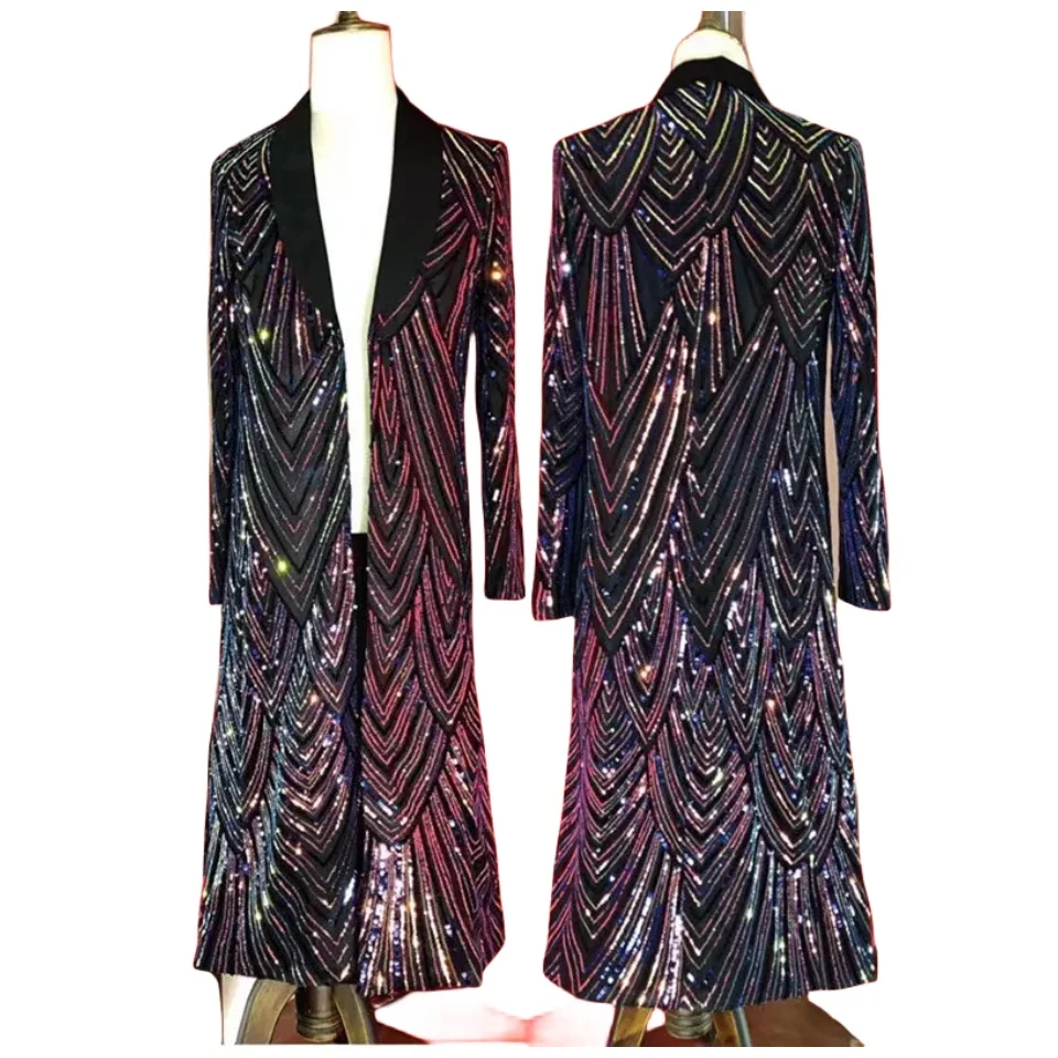 Male-Singer-Nightclub-Overcoats-Stage-Costume-Bright-Black-Long-Coat ...