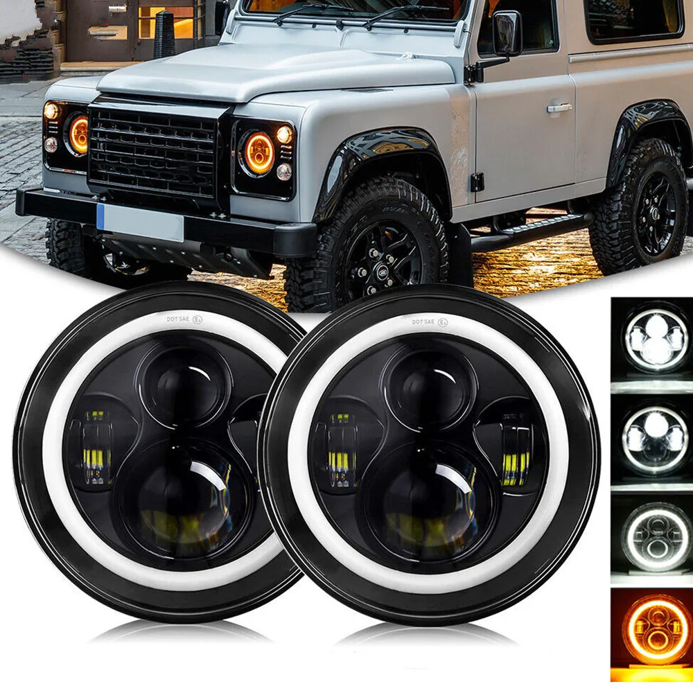2pc-Car-7-Led-Headlight-For-Land-Rover-Defender-90-110-Round-Halo-Angel ...