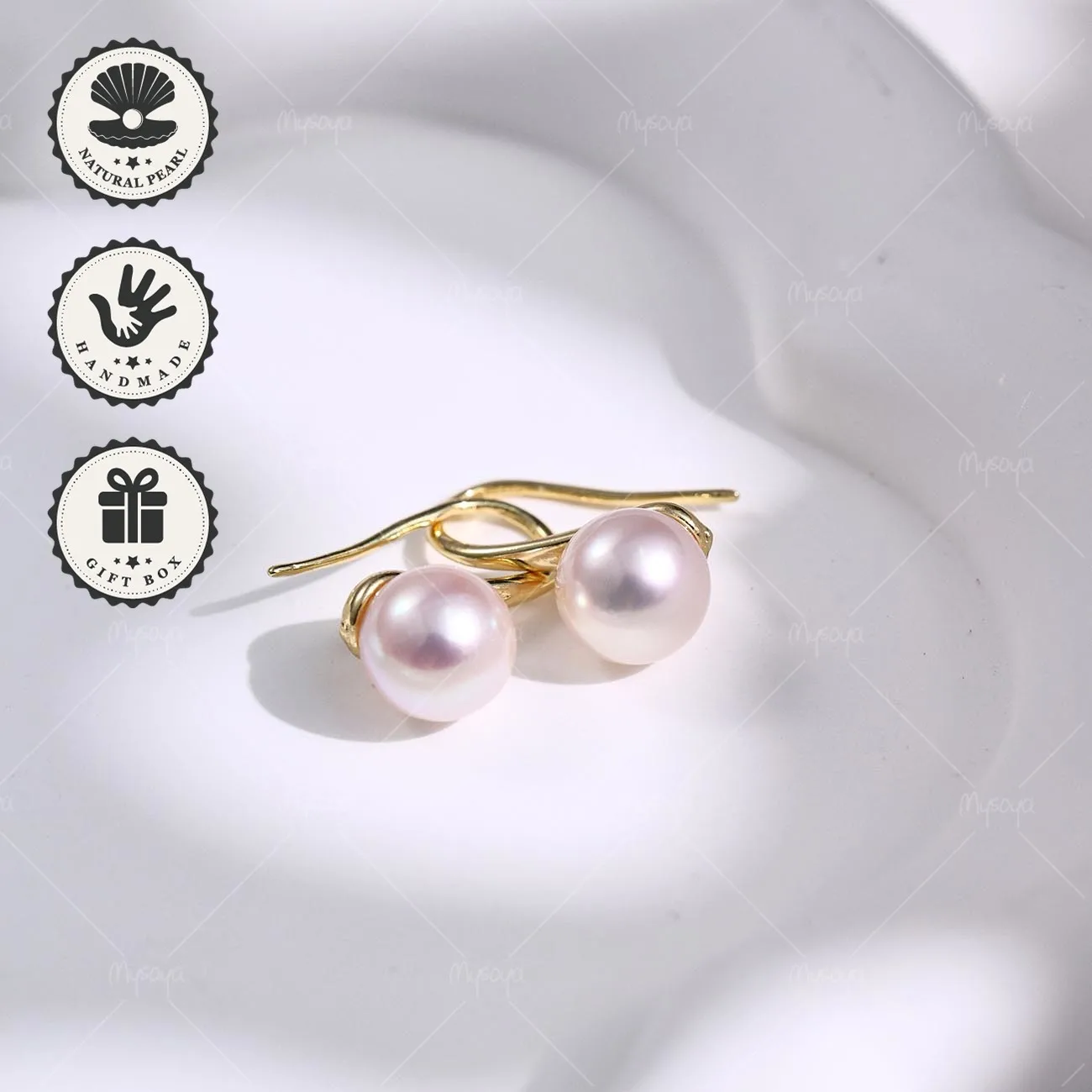 Mysoya Japanese Akoya Pearl High Heel Stud Earrings 7.5–8mm S925 Golden ...