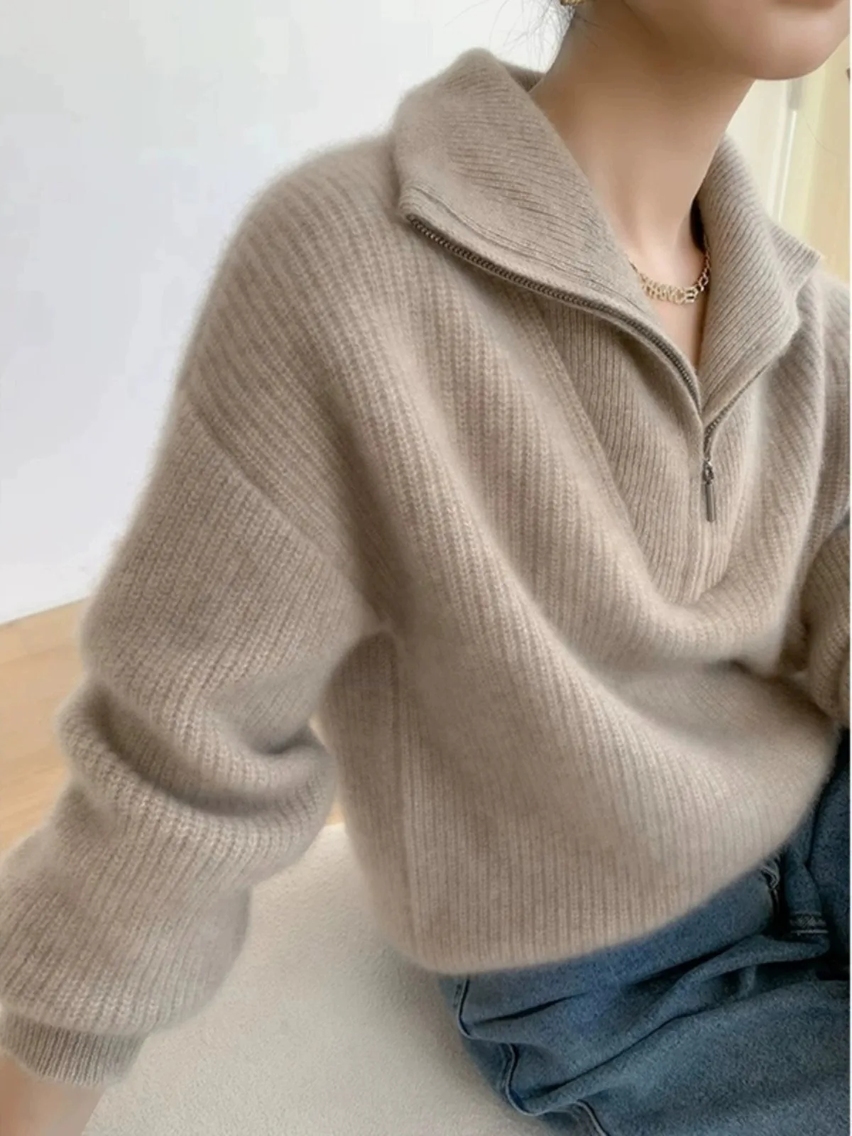 Large-lapel-thick-cashmere-sweater-women-s-100-pure-wool-zipper-sweater ...