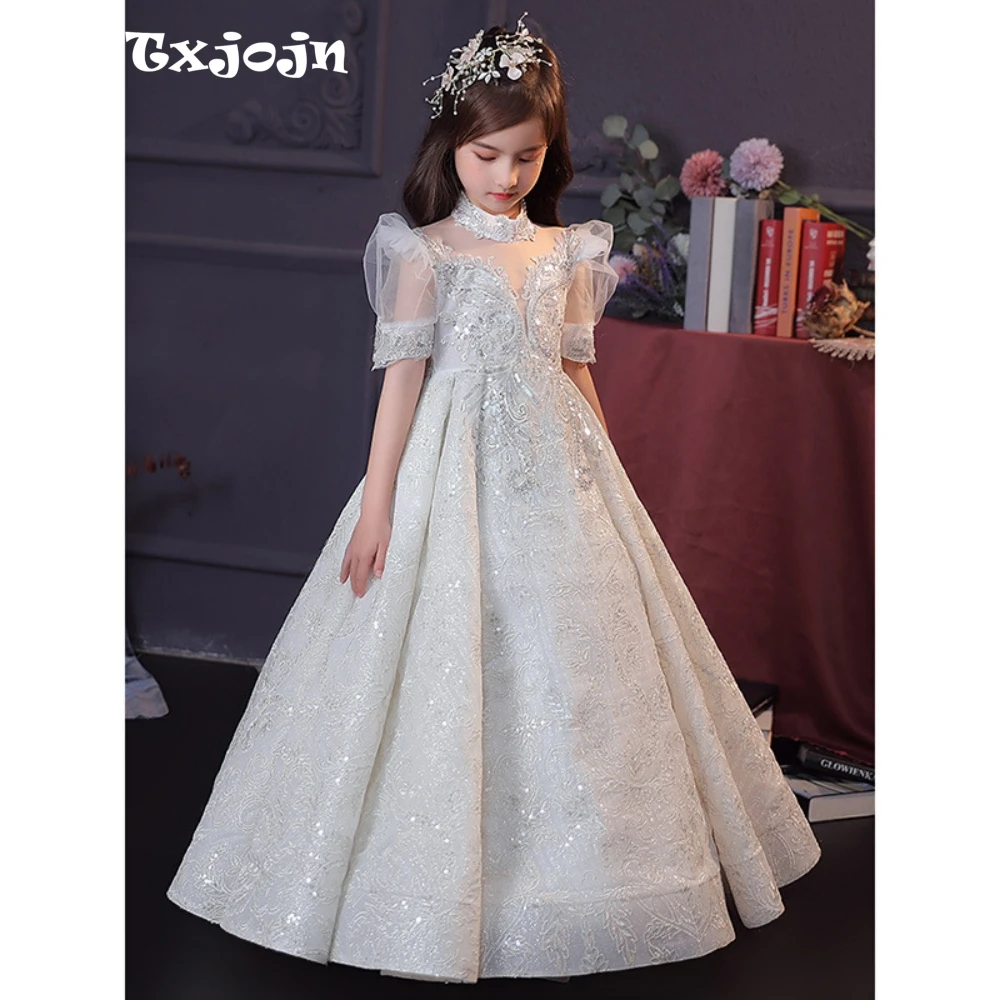 Graceful Sequined Puff Sleeve Prom Dresses For Girls Glitter Beadings ...